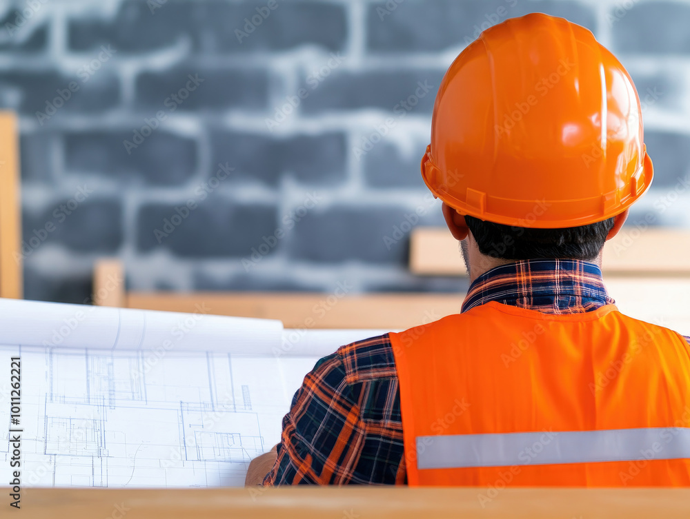 Engineer analyzing product blueprints, assessing final design for ...