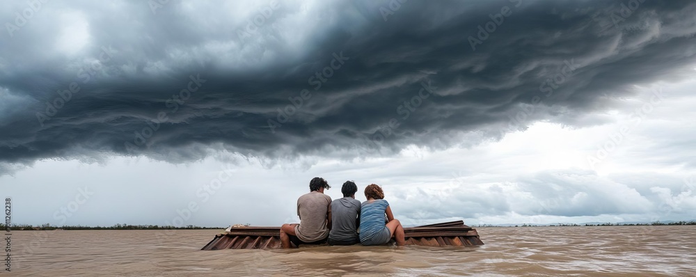 Family huddled together on the roof of their flooded home, storm clouds ...