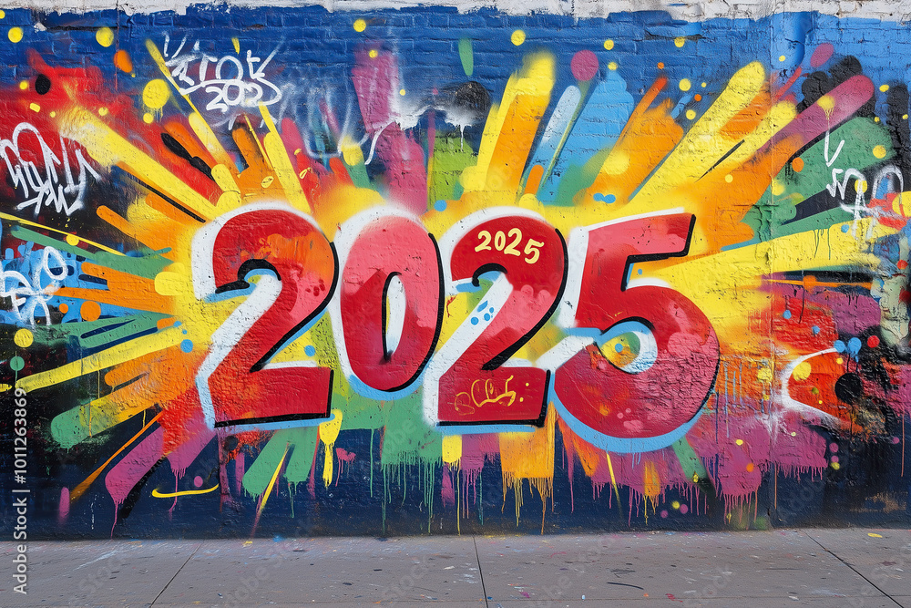celebrate 2025 with graffiti mural on urban wall, dynamic fireworks ...