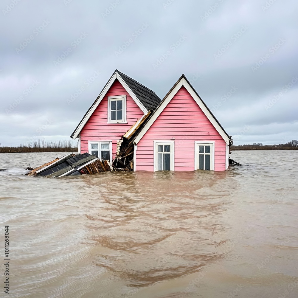 Riverbank erosion collapsing houses into rising water, showing the ...