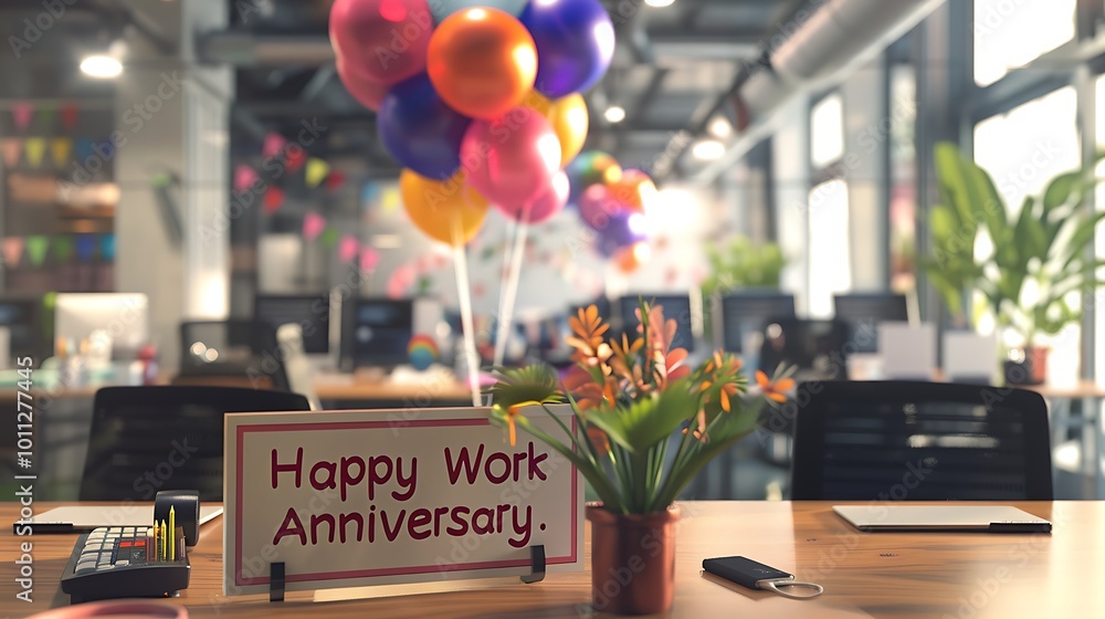 A vibrant office scene celebrating a work anniversary, featuring ...