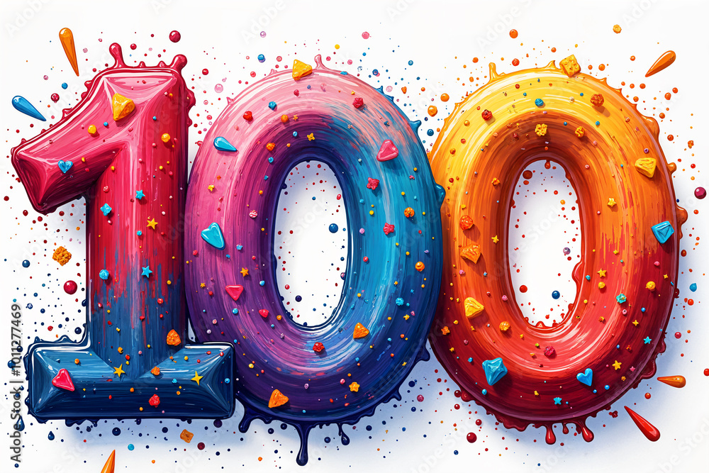 100th birthday card. Large, colorful number 100 with splatters of paint ...