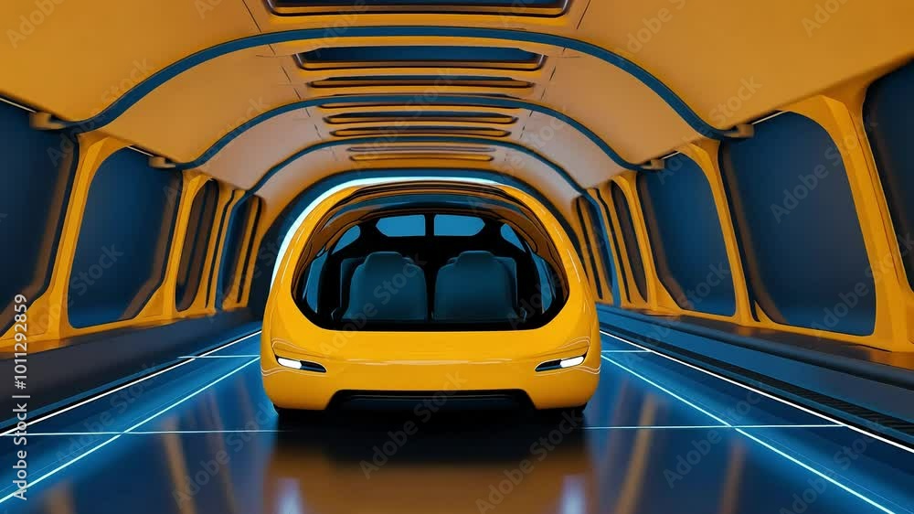 Yellow autonomous electric vehicle glides through a futuristic tunnel ...