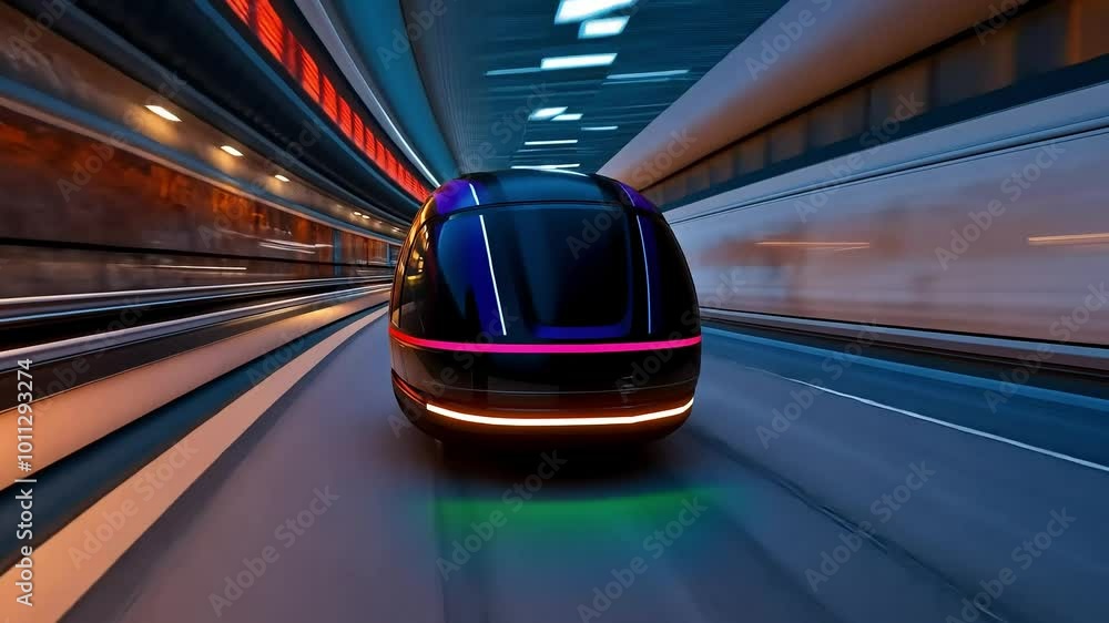 Futuristic self driving electric vehicles glide through a tunnel ...