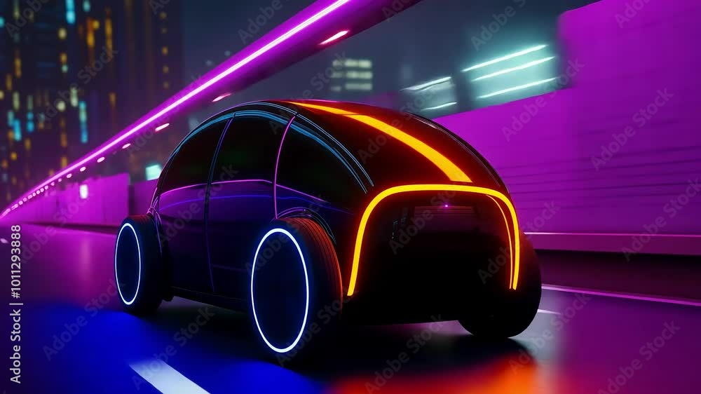 Autonomous electric car driving on highway through cyberpunk city at ...