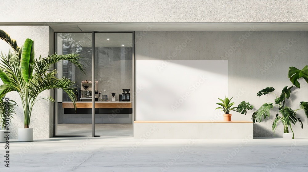 Chic minimalist modern concrete cafe shop facade with windows ...
