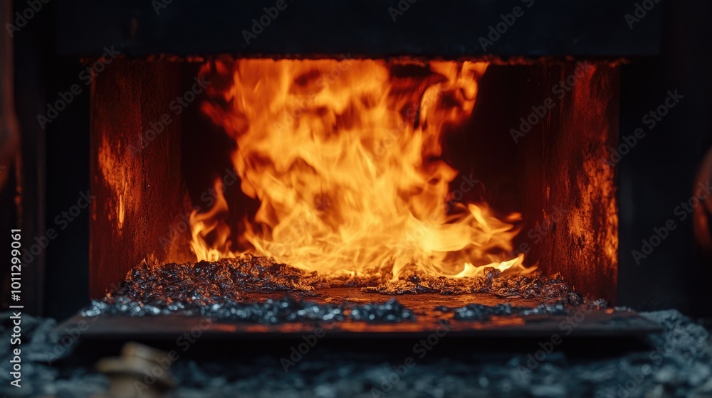 Iron foundry furnace ablaze with fire, showcasing the high-heat ...