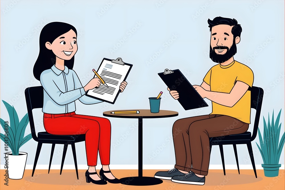 Professional Job Interview Illustration – Two People Discussing Resumes ...