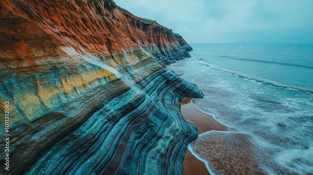 This image displays a colorfully patterned seaside cliff. Rain and wind ...