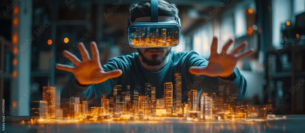 Man wearing a VR headset interacts with a miniature city model in an ...