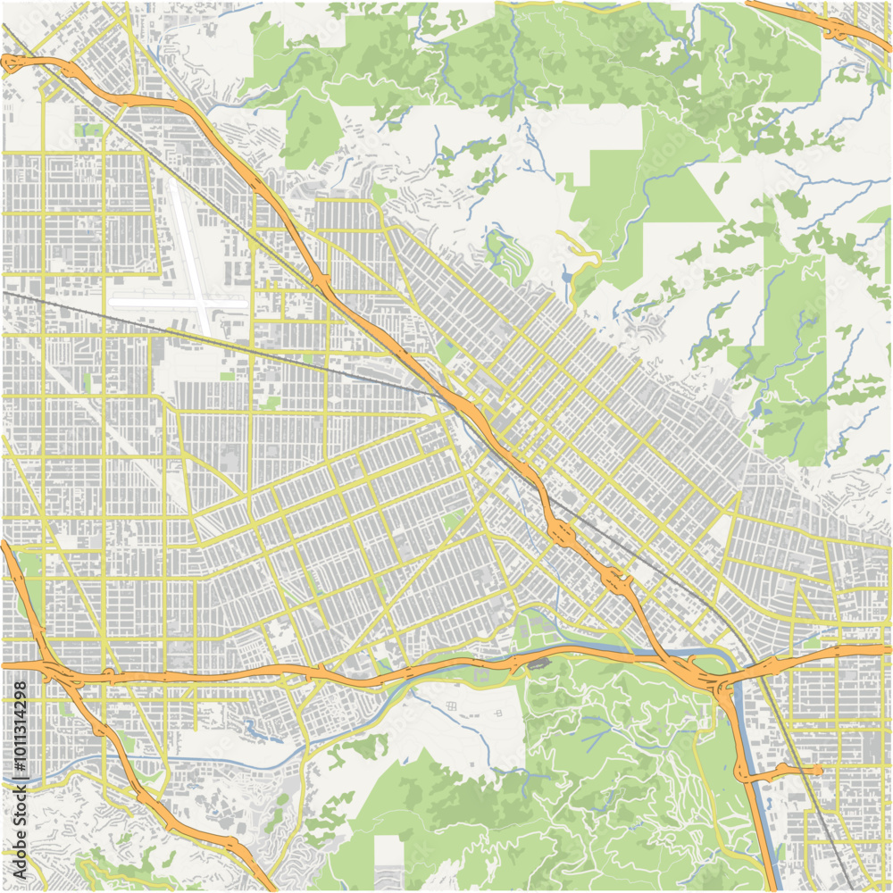 Map of Burbank in California in a normal road map style. Contains ...