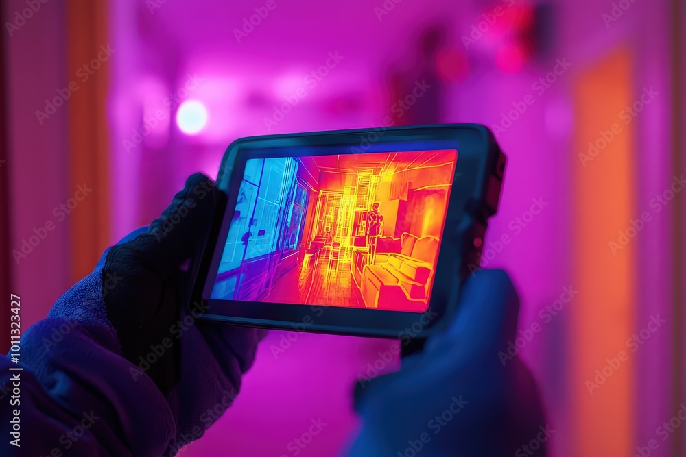 Close-up view of an infrared thermal camera screen showing a vibrant ...
