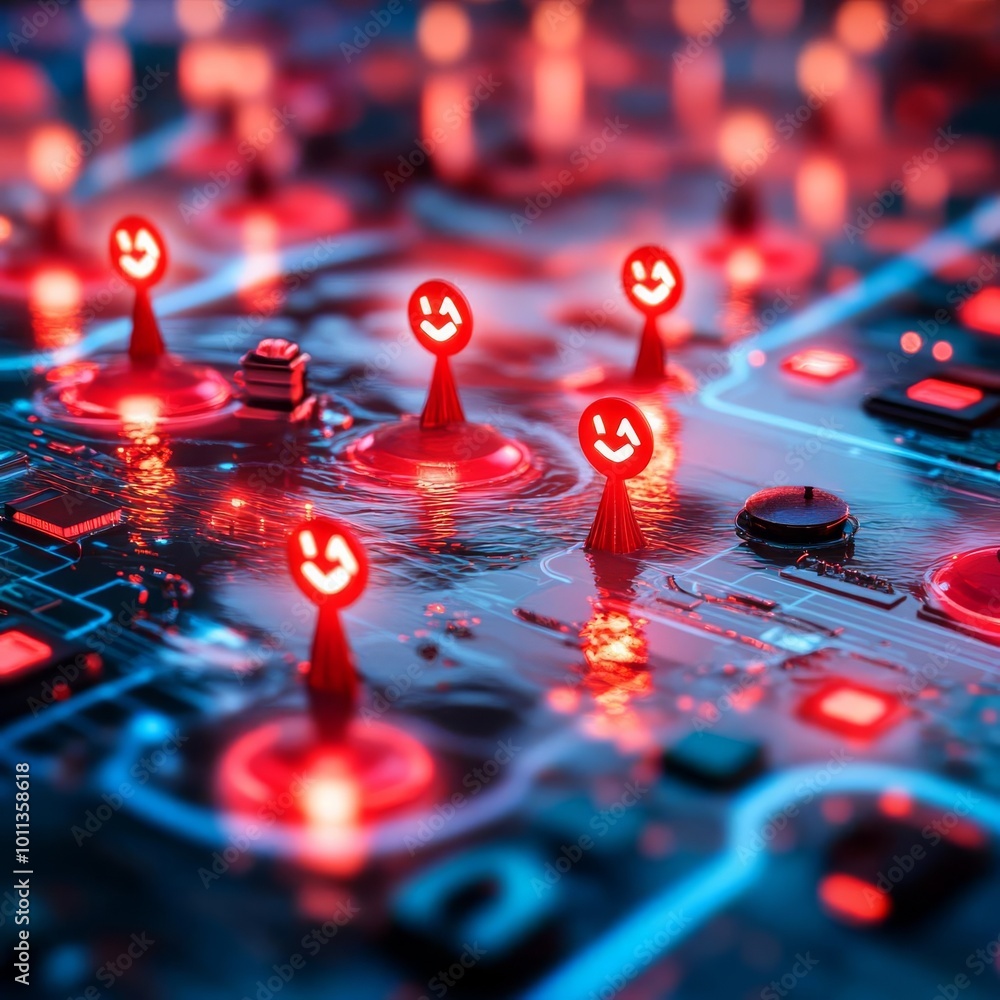 A graphic of a flood map with emergency red zones and flashing warning ...