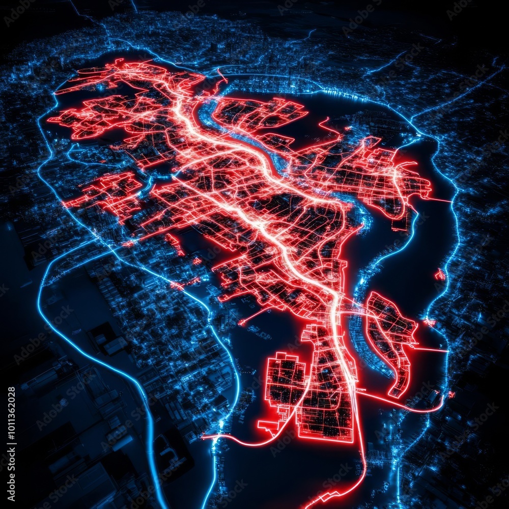 Foto de An emergency flood map showing red danger zones, overlaid on a ...