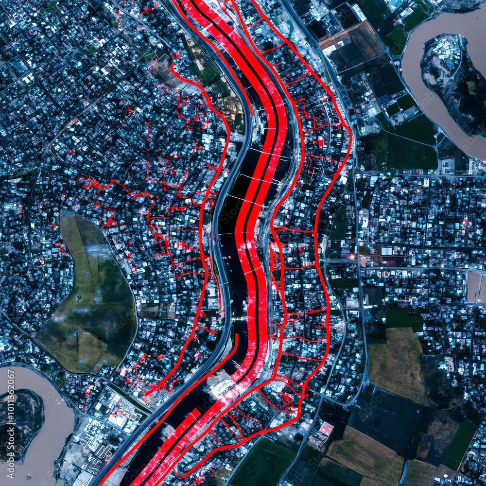 An emergency flood map showing red danger zones, overlaid on a ...