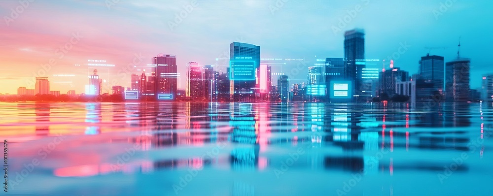 High-tech flood warning system in a smart city, with digital interfaces ...