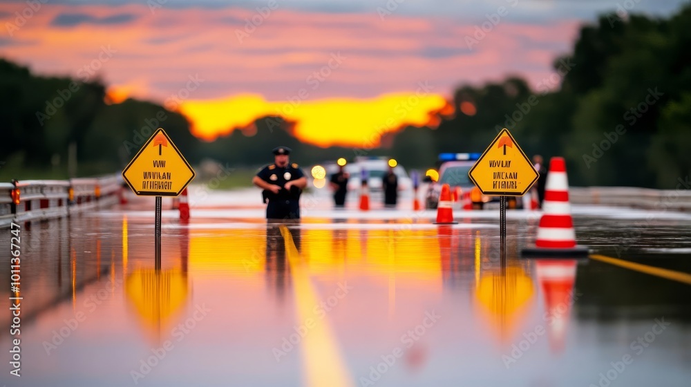 Roadblocks and warning signs set up to prevent drivers from entering ...
