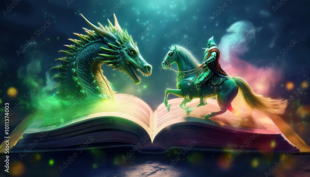 Side view of an opened old magic book, a dragon comes out,and a armored ...