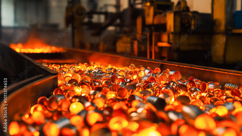 Metal cans being melted down for recycling in a production facility ...