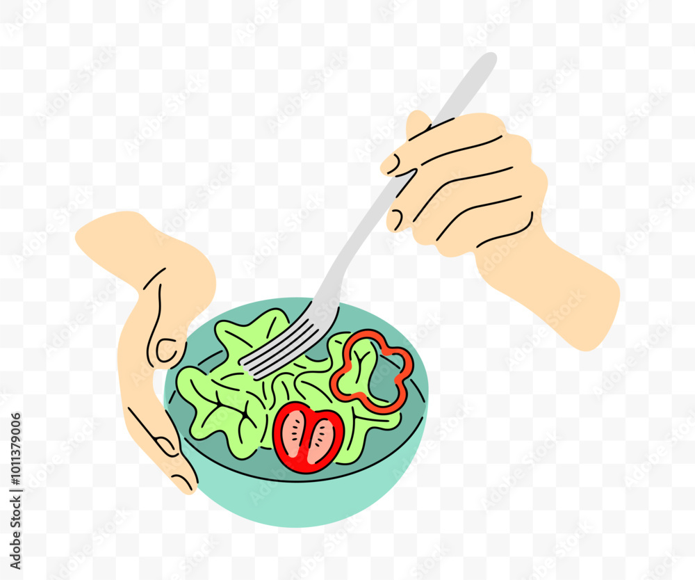 Human eating salad with a fork, graphic design. Food, meal, healthy ...