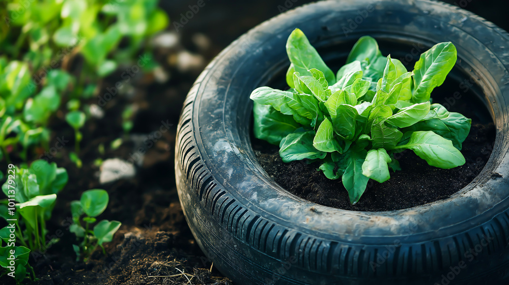 Green vegetables growing inside an old, recycled tire used as a planter ...