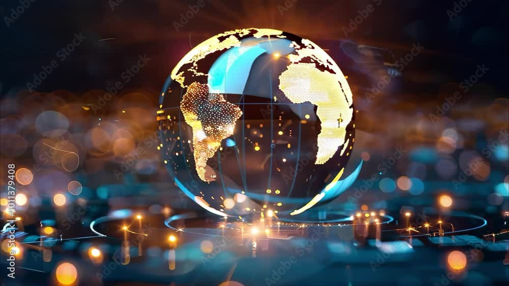 A futuristic 3D globe displaying a bright, digital map of the Earth ...