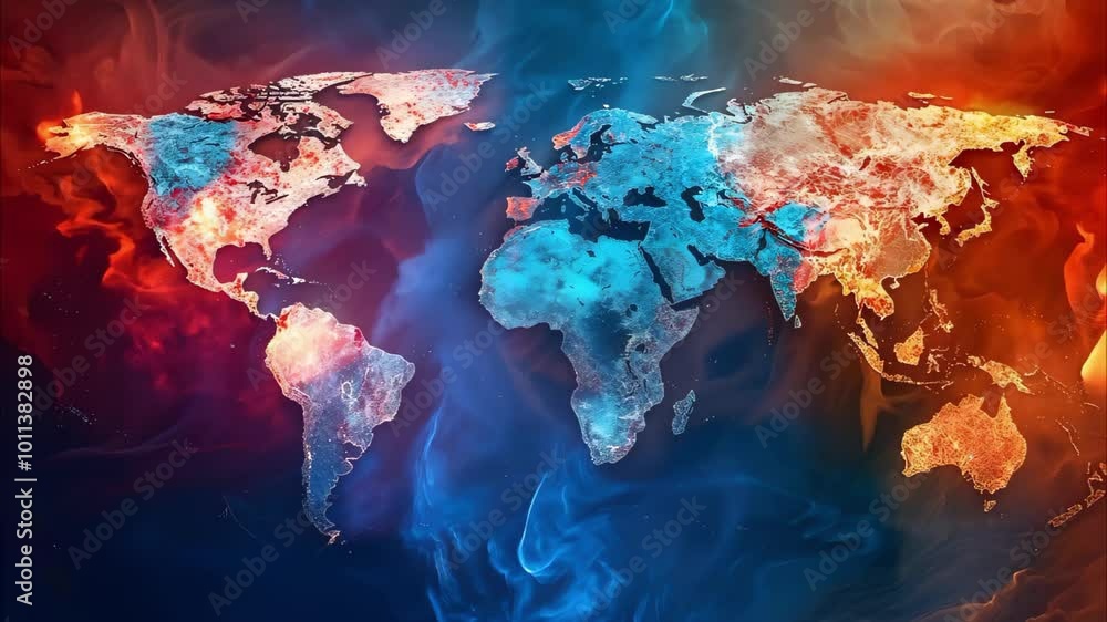 A stylized world map with regions in fiery orange and cool blue tones ...