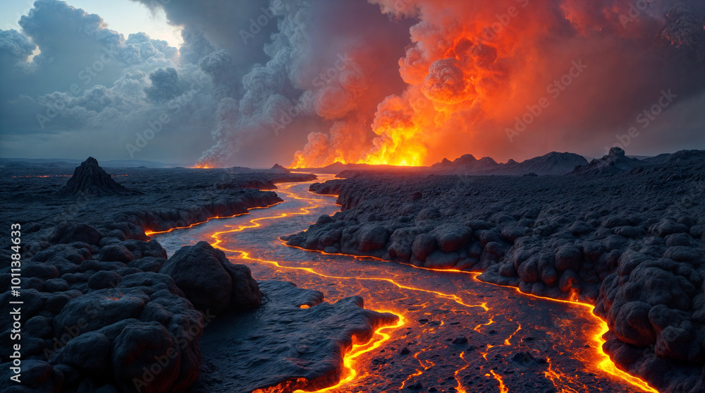 Volcanic Eruption with Flowing Lava River and Dramatic Smoke Plumes in ...