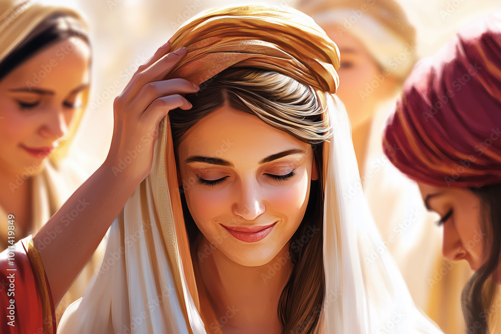 Illustration of Queen Esther being adorned by her attendants ...