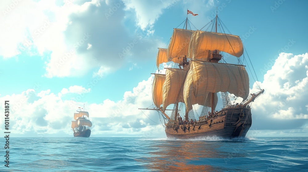 A cartoon ship sailing through calm seas, with a distant island visible ...