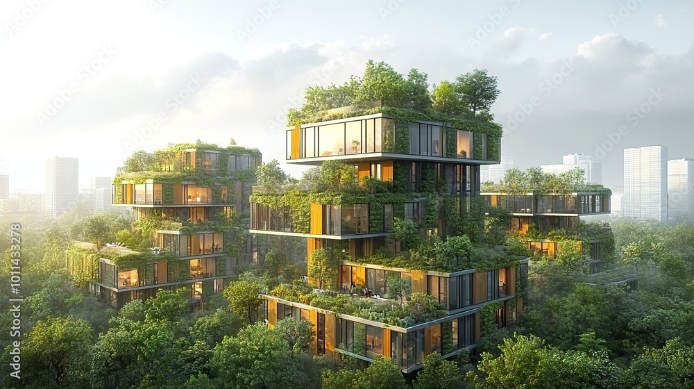 a sketch of an isolated green buildings promoting walkability ,clean ...