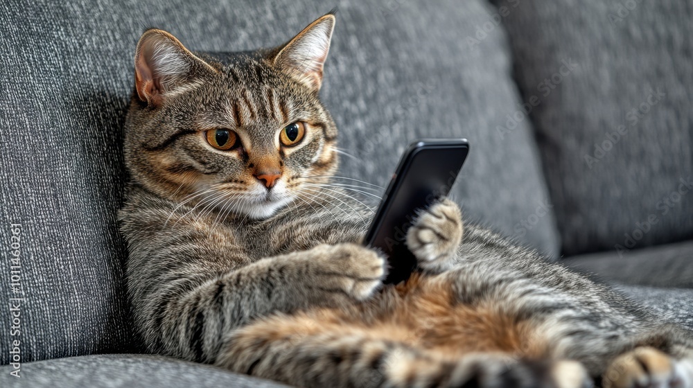 Cute and funny cat holding a smartphone while lounging on the sofa ...
