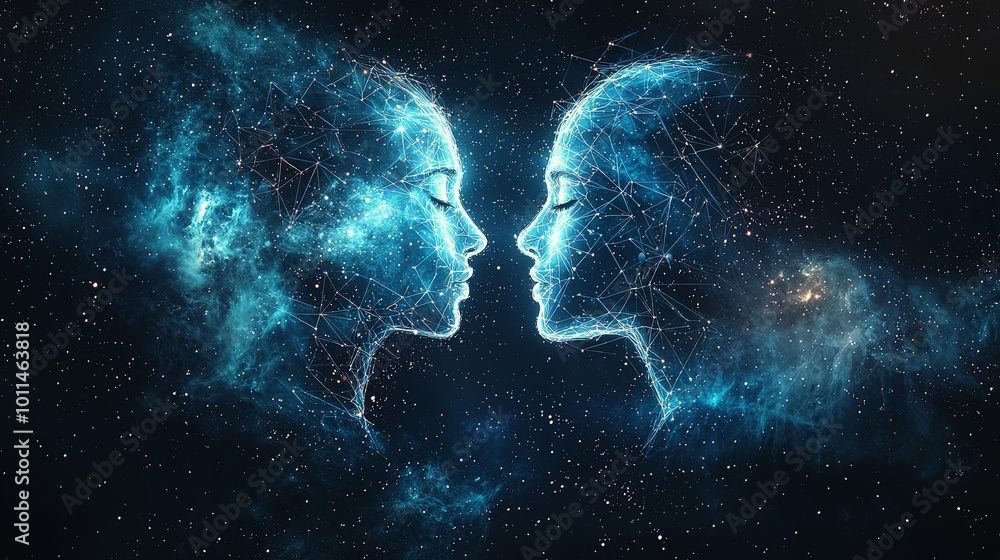 Two figures formed from nebula swirl are locked in a galactic embrace ...