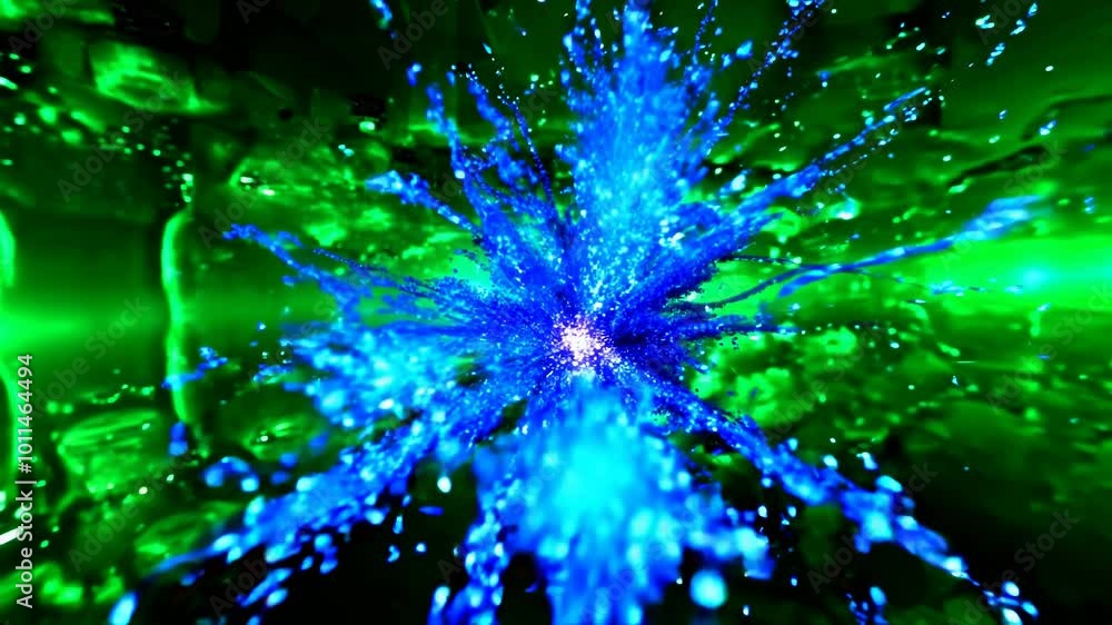 An abstract explosion of blue and green particles creating a dynamic ...