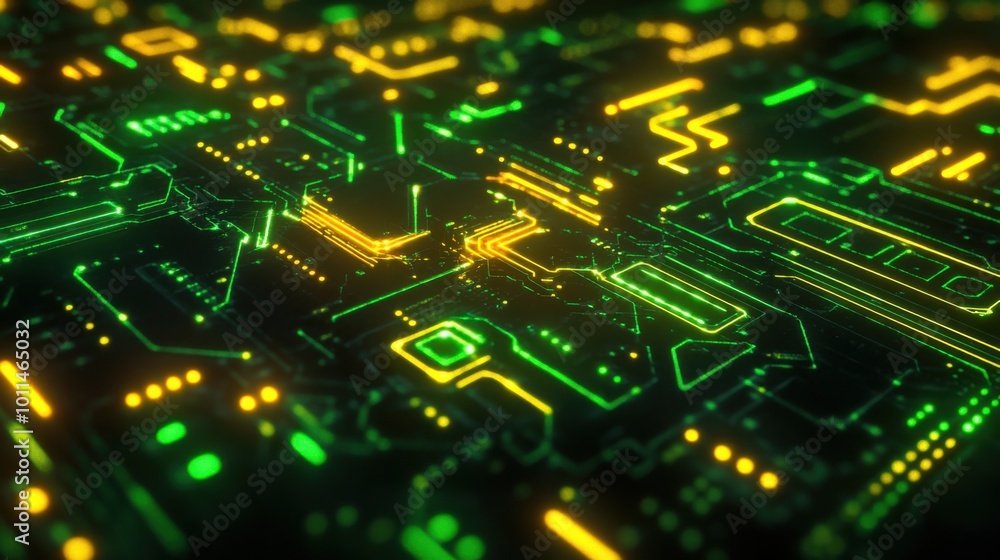 Neon circuit board patterns in fluorescent greens and yellows, glowing ...