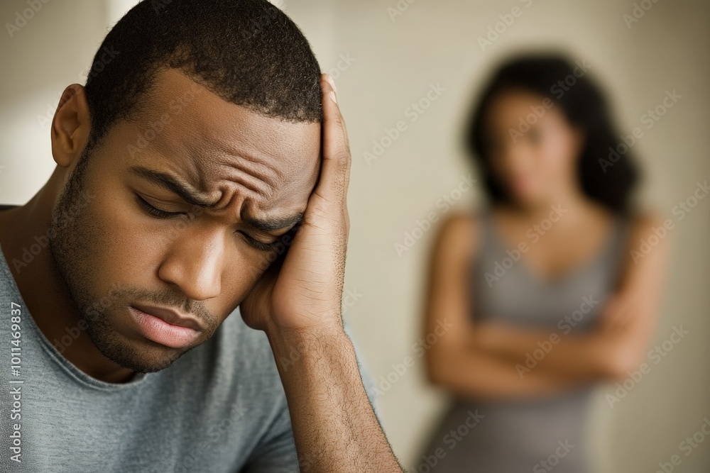 A sad man rests his head in one hand, suggesting distress or ...