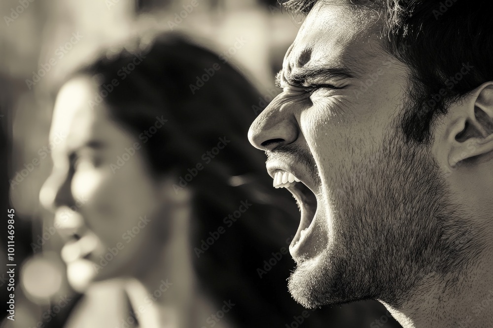 A powerful monochrome image showing a man and woman shouting with ...