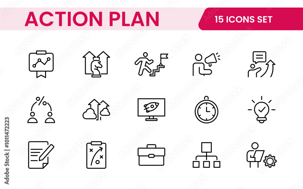 Line icons about action plan. Contains such icons as search strategy ...