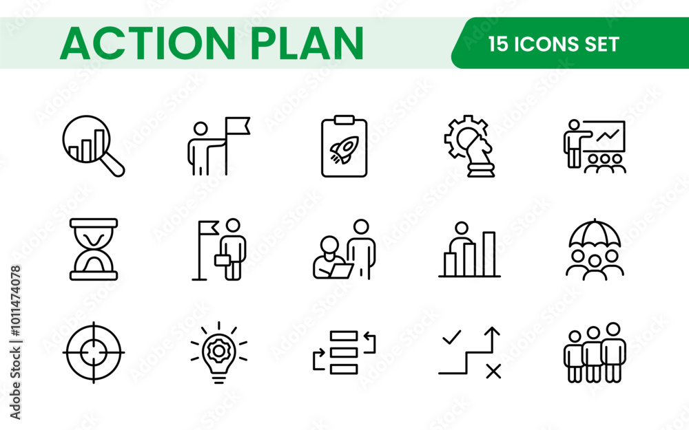 Line icons about action plan. Contains such icons as search strategy ...
