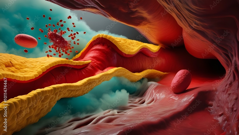 Picture of a clogged artery with plaque and platelets containing ...