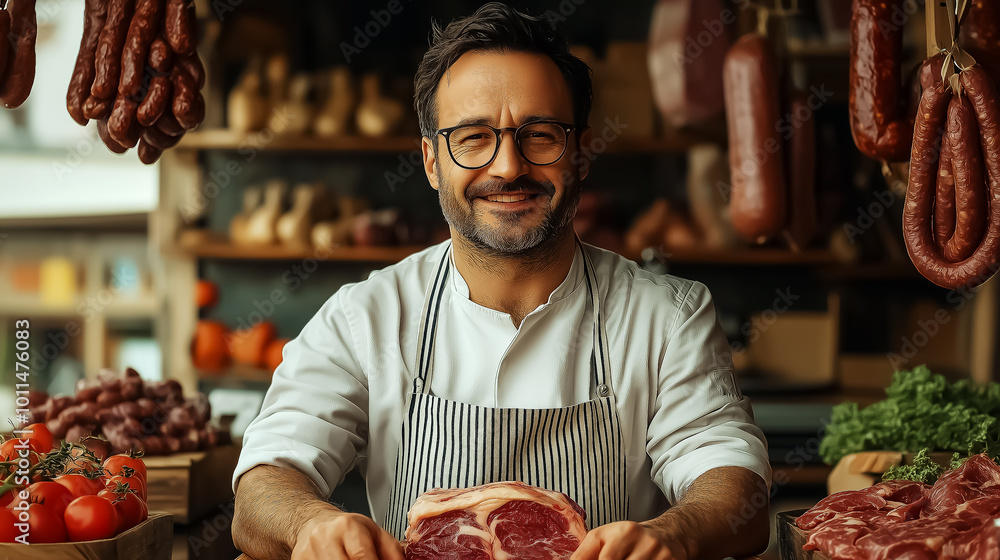 Smiling male butcher showcasing fresh cuts of meat in a rustic market ...