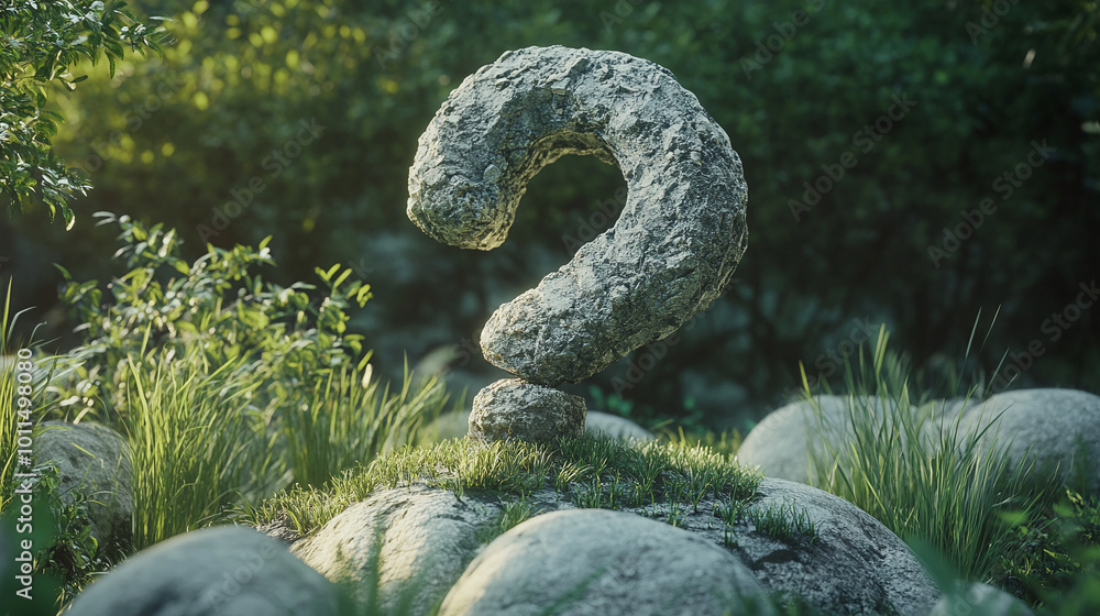 question mark shape made of natural stone in green area daylight ...