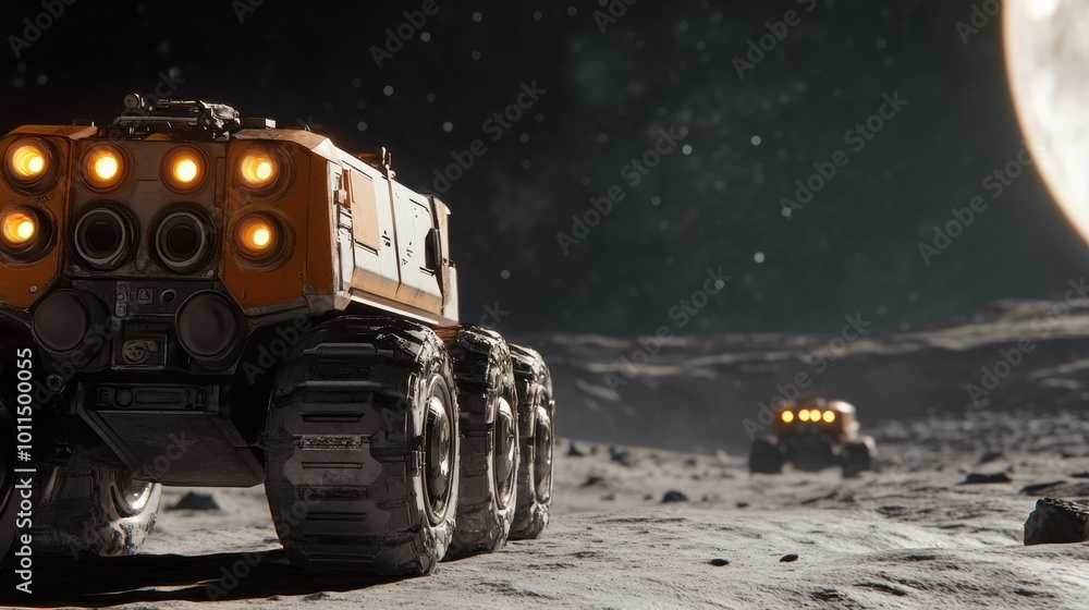 A heavy-duty lunar rover vehicle with bright lights drives across the ...