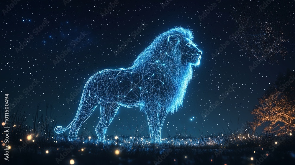A majestic wireframe lion hologram depicted amidst twinkling cosmic ...