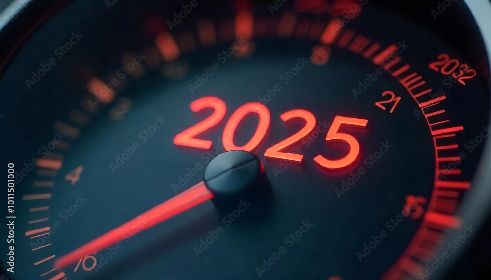 A close-up view of a speedometer or gauge showing the year 2025 in red ...