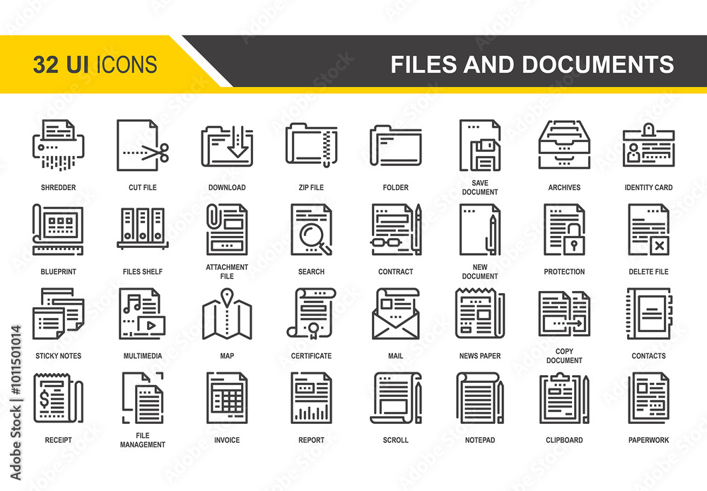Vector set of files and documents flat line web icons. Each icon with ...