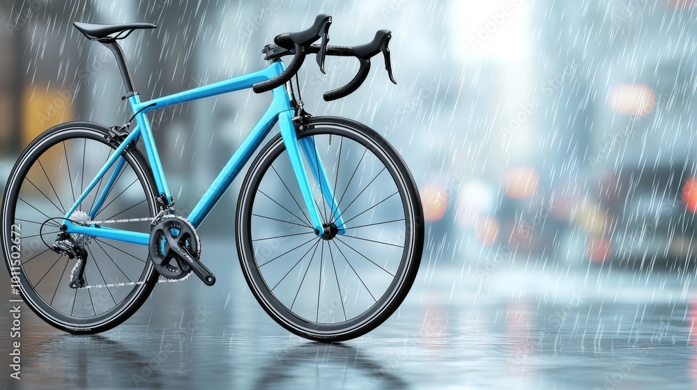 An urban commuter's high-end bicycle standing in the rain, water ...