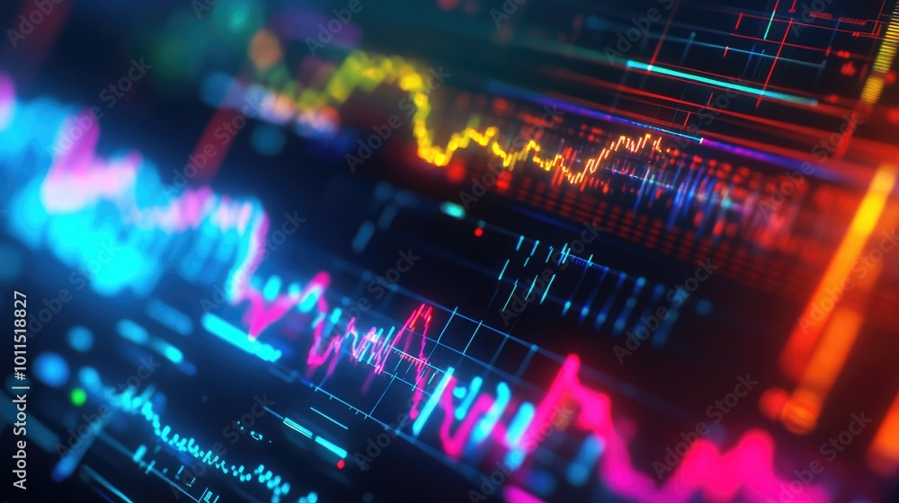 Close-up of a digital oscilloscope screen displaying vibrant electrical ...