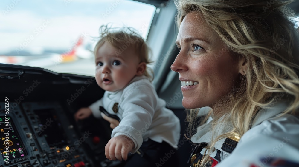 A female pilot with her baby in the airplane cockpit, illustrating the ...