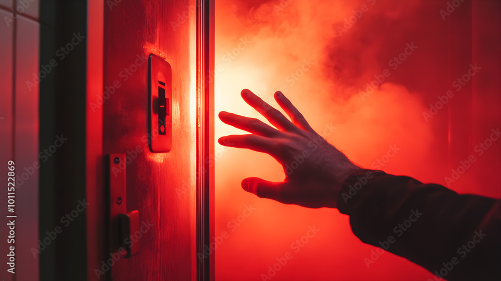 Hand pushing open the emergency exit door, fire escape Stock Photo ...